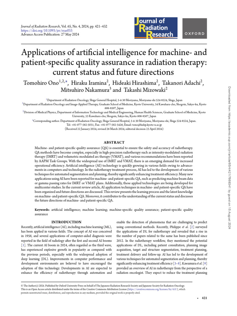 Applications of Artificial Intelligence For Machine-And Patient-Specific Quality Assurance in ...