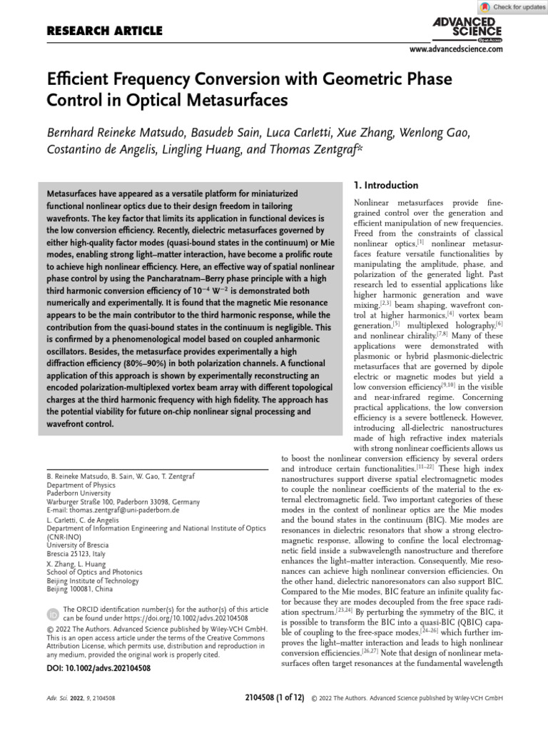 Advanced Science - 2022 - Reineke Matsudo - Efficient Frequency Conversion with Geometric Phase ...