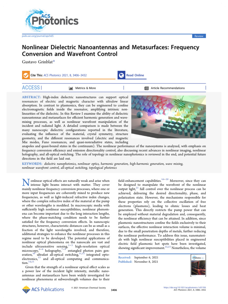Grinblat 2021 Nonlinear Dielectric Nanoantennas and Metasurfaces ...