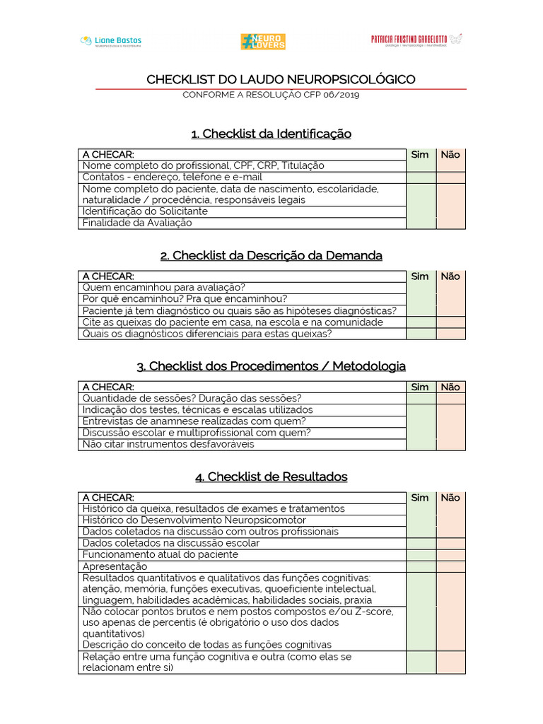 Check List Do Laudo Neuropsicológico | PDF | Neuropsicologia