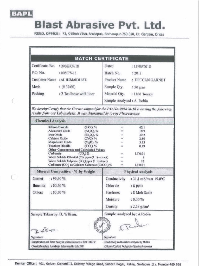 GARNET TEST CERTIFICATE | PDF