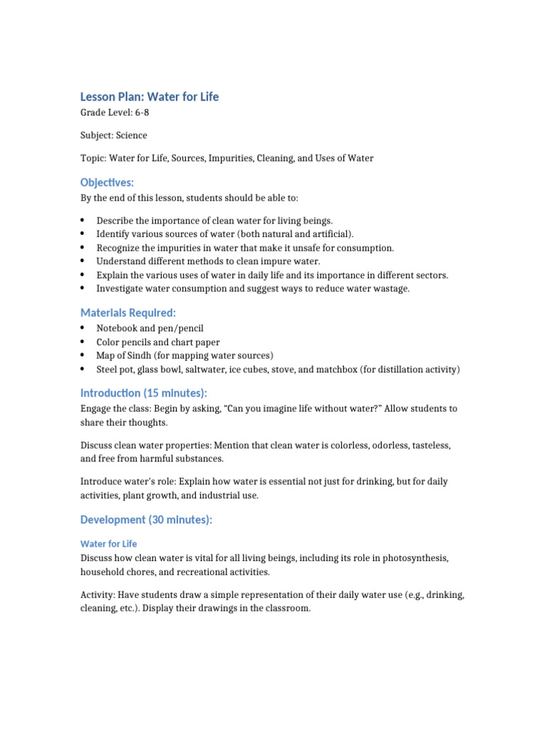Lesson_Plan_Water_for_Life | PDF | Water | Water Pollution
