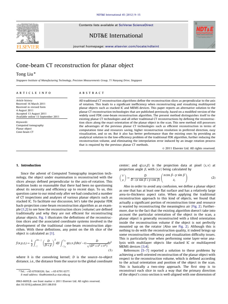 Cone Beam Ct Reconstruction For Planar Object Pdf Ct Scan Image