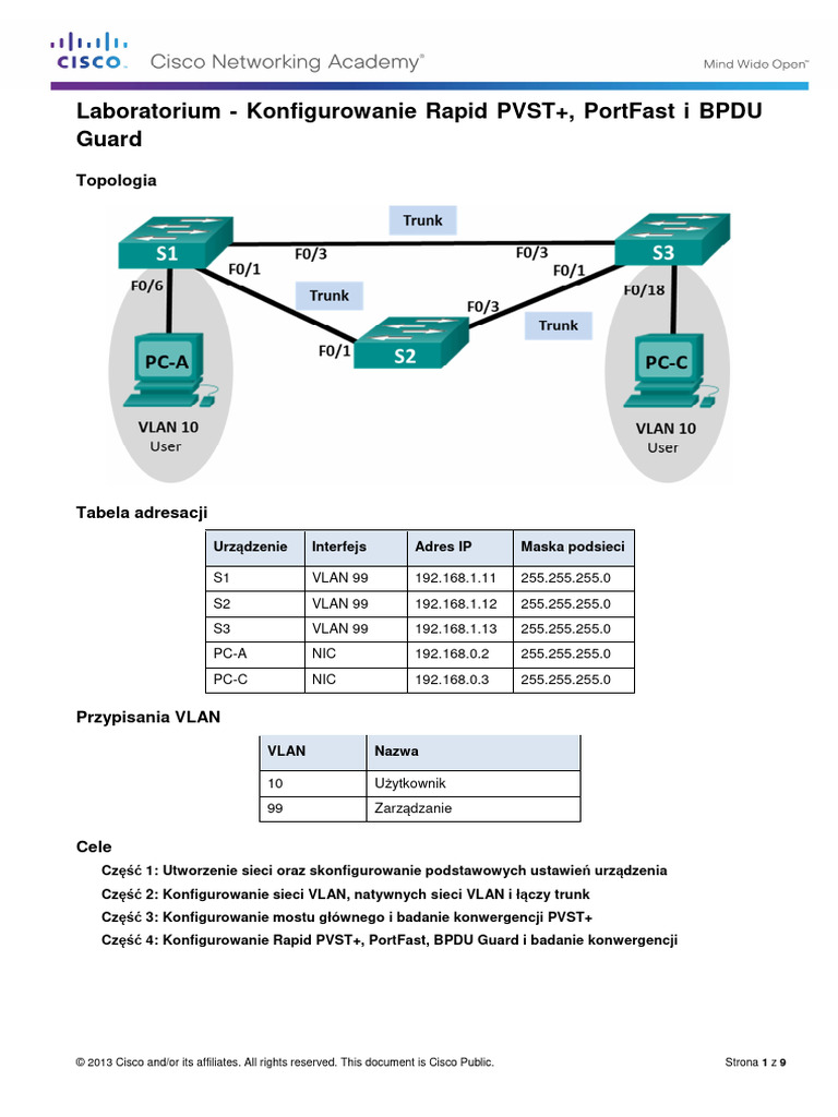 Lab 4.1 - Konfiguracja Rapid PVST+, PortFast I BPDU Guard | PDF
