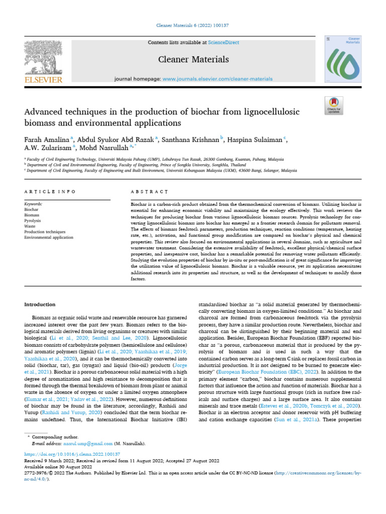 Advanced Techniques in The Production of Biochar From Lignocellulosic | PDF | Pyrolysis | Lignin