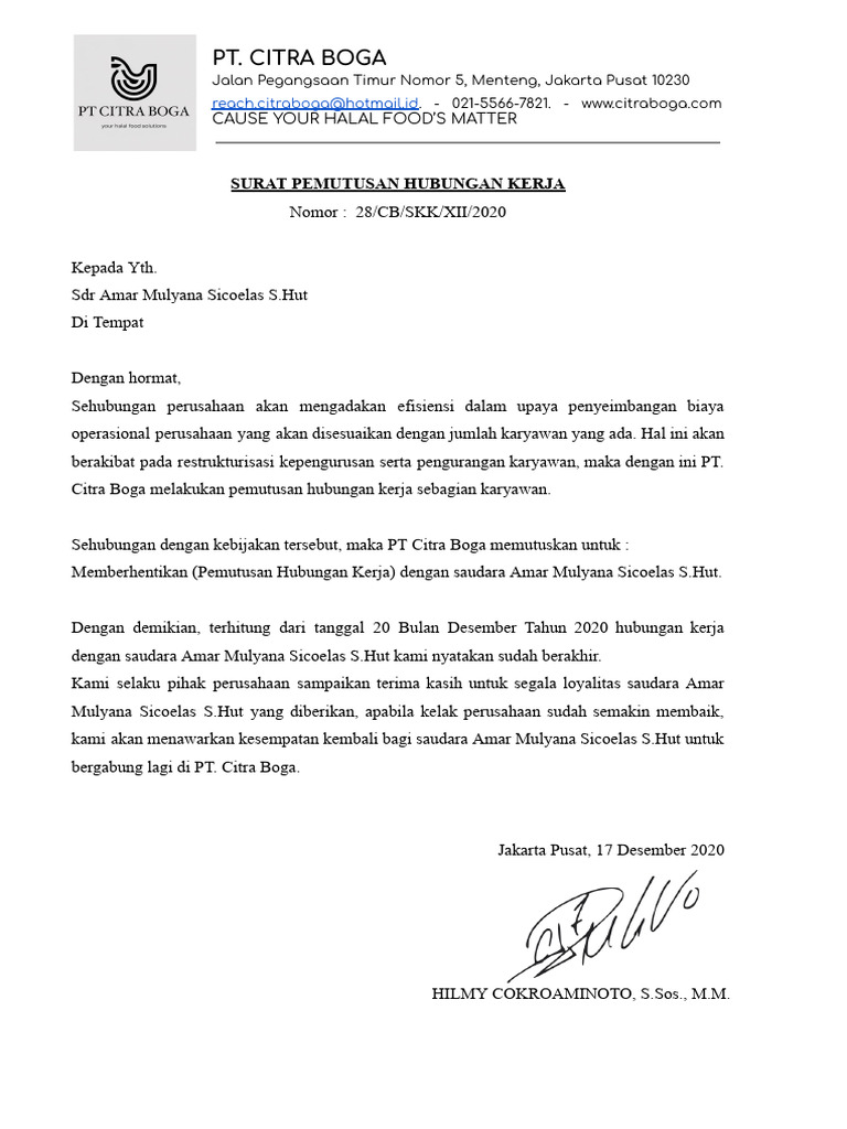 Surat PHK PT. Citra Boga 2020 | PDF | Karier & Perkembangan | Bisnis