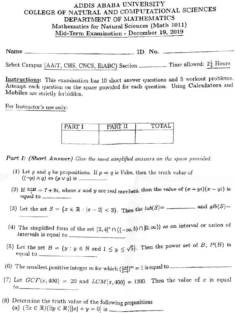 Maths Natural AAU Mid Exam 2019 | PDF