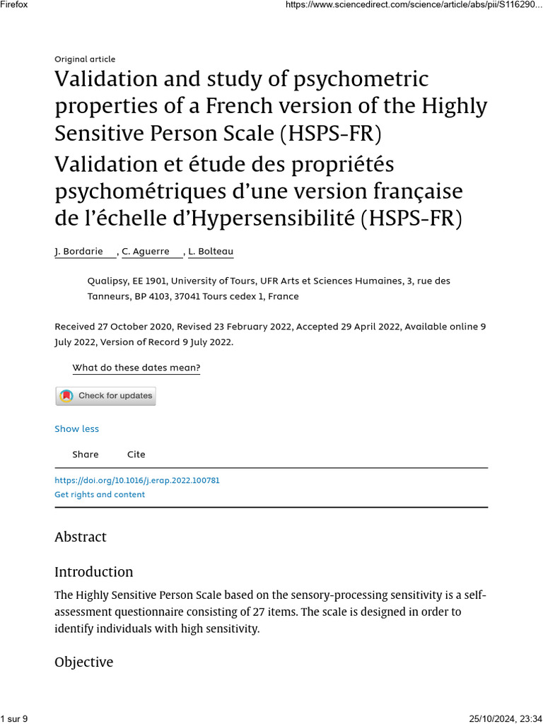 Validation of French HSPS Questionnaire | PDF | Psychometrics ...