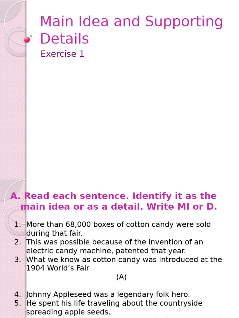 Main Idea and Supporting Details - Exercise 1 - Distributed | PDF