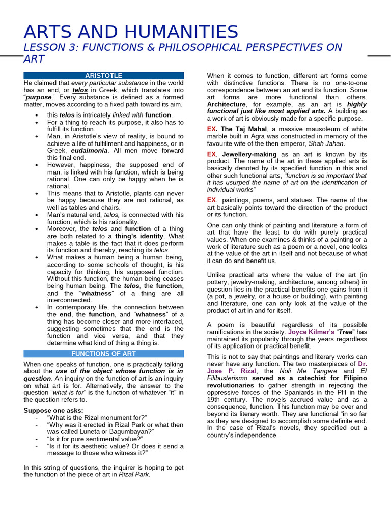 LESSON-3-FUNCTIONS-OF-ART-ARTS-0-HUMANITIES | PDF | Beauty | Aristotle