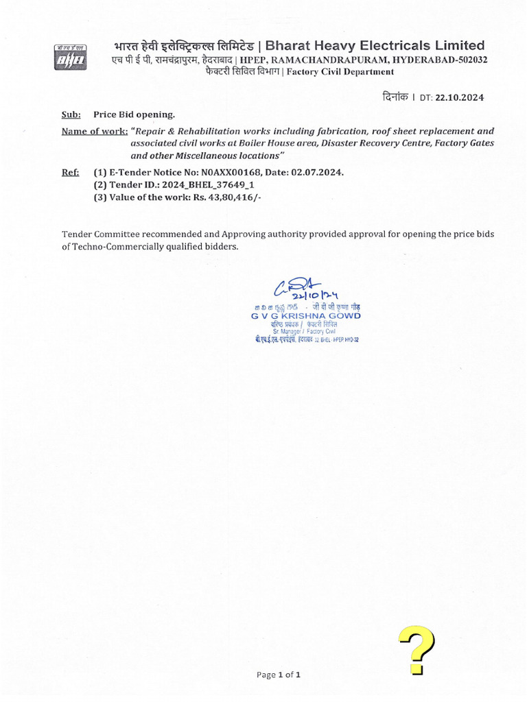 BHEL Price Bid Opening Notice | PDF