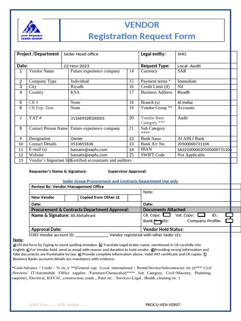 Vendor Registration Form KSA | PDF | Business