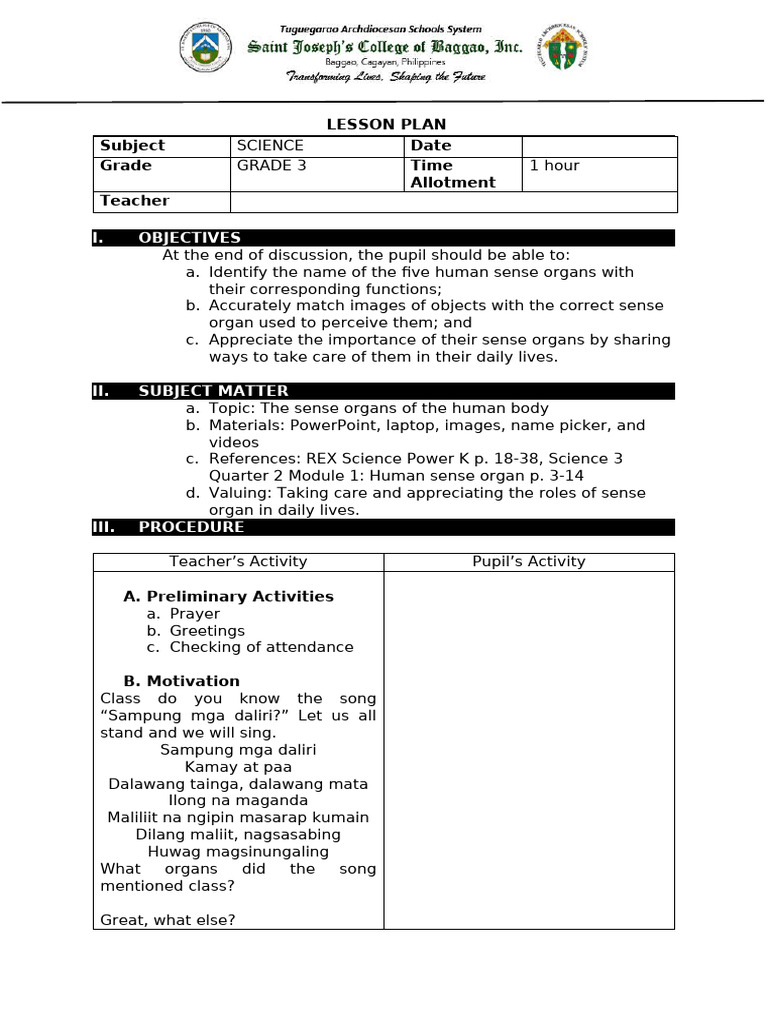 Detailed Lesson Plan Science3 052000 | PDF | Senses | Taste