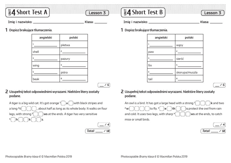 Brainy Kl6 Short Tests Unit 4 Lesson 3 | PDF