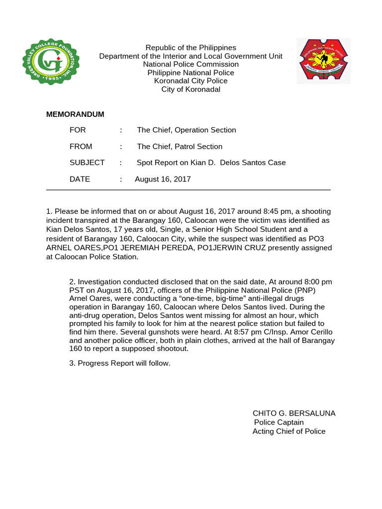 Spot Report: Kian Delos Santos Case | PDF | Government | Crimes