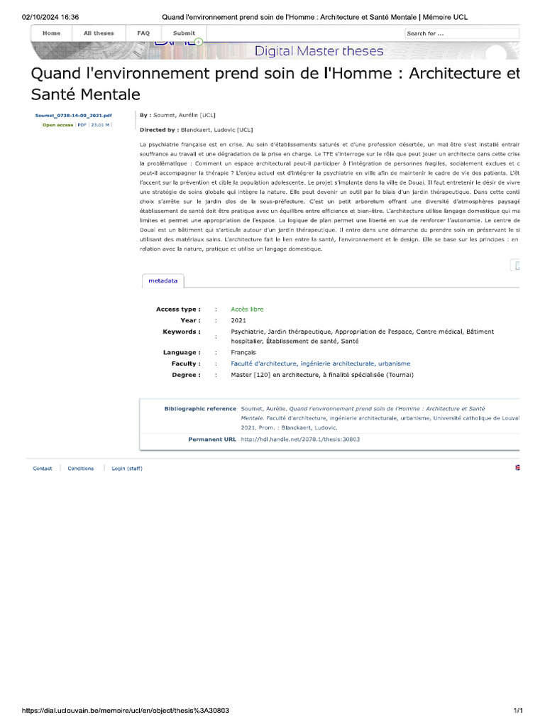 Quand L - Environnement Prend Soin de L - H... Tecture Et Santé Mentale - Mémoire UCL | PDF