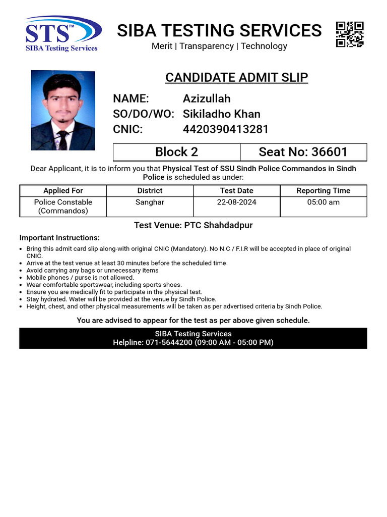 Siba Testing Services: Candidate Admit Slip | PDF