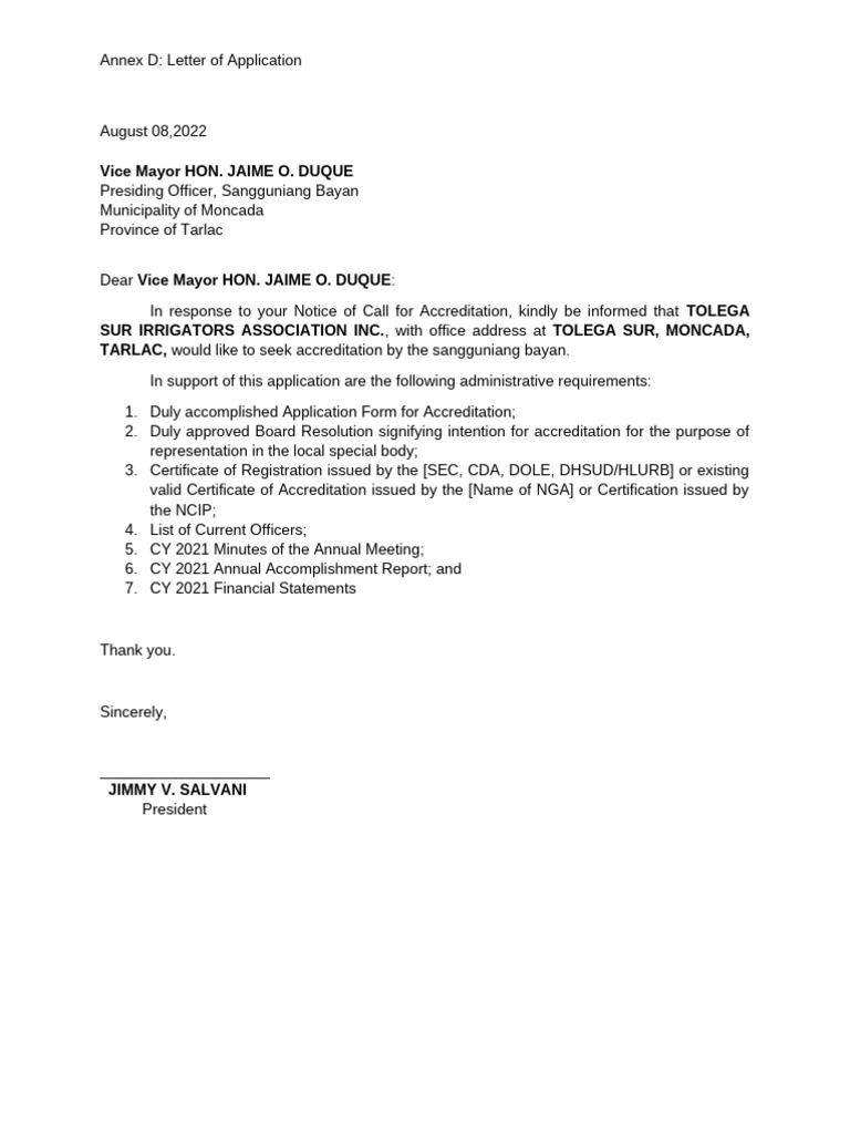 Annex D Letter of Application | PDF