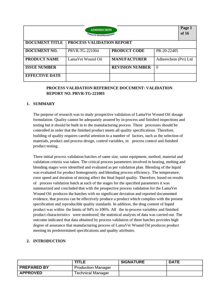 Process Validation Report - LamaVet Wound Oil | PDF | Specification (Technical Standard) | Adhesive