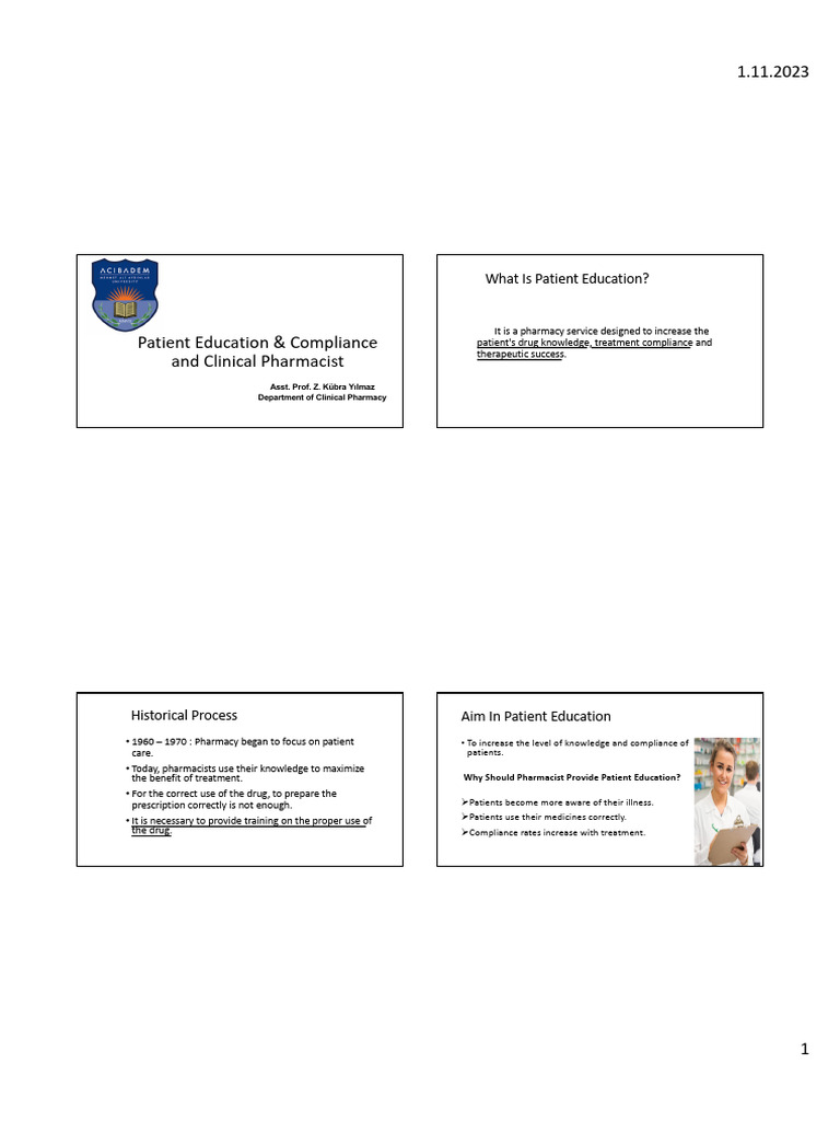 Patient Education Compliance and Clinical Pharmacist | PDF | Pharmacy ...
