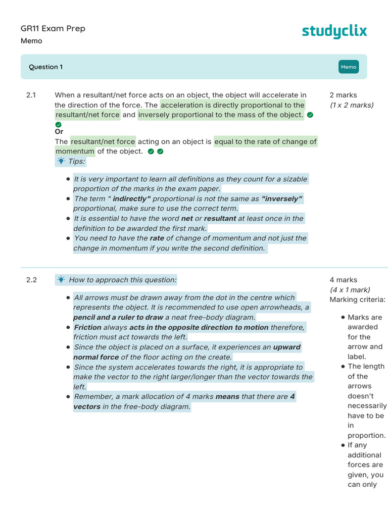 GR11 Exam Prep Questions With Memos | PDF | Force | Acceleration