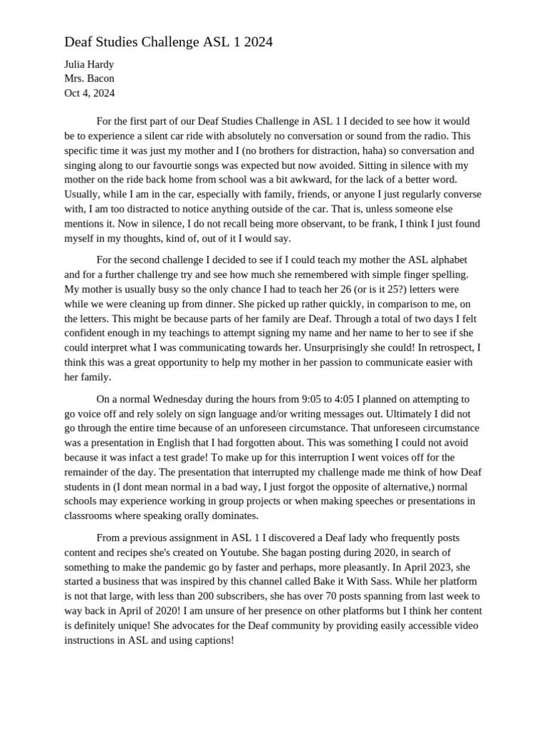 Deaf Studies Challenge ASL 1 2024 | PDF | American Sign Language ...