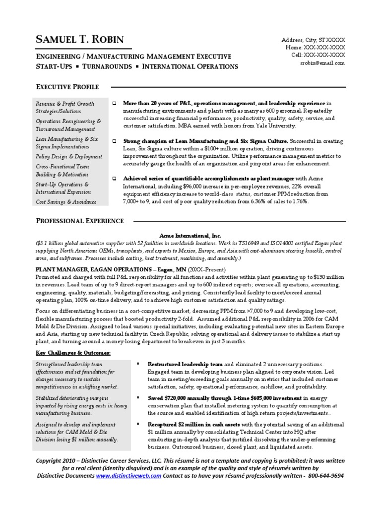 Manufacturing Sample Resume | PDF | Lean Manufacturing | Six Sigma