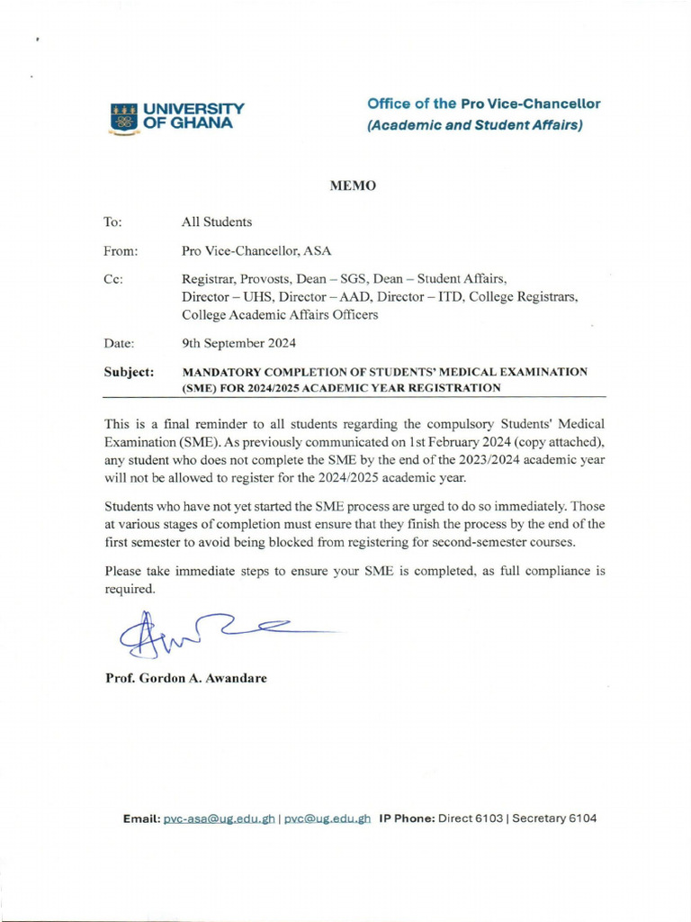 Mandatory Completion of Students' Medical Examination (Sme) For The ...