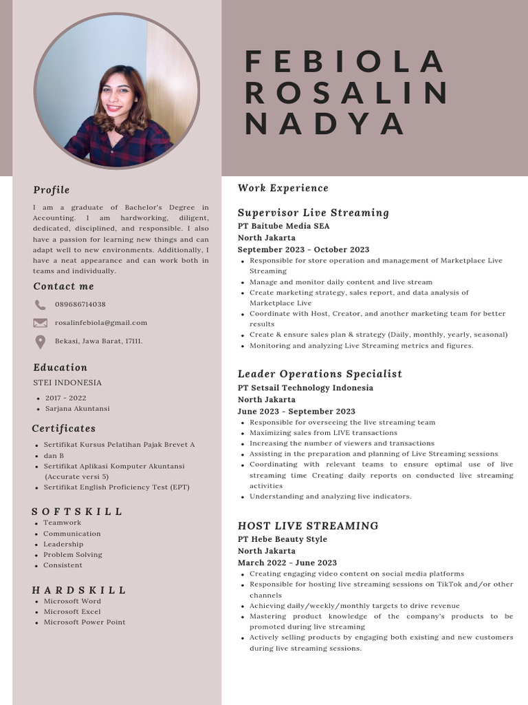 CV - Febiola Rosalin Nadya | PDF | Bookkeeping | Business Economics