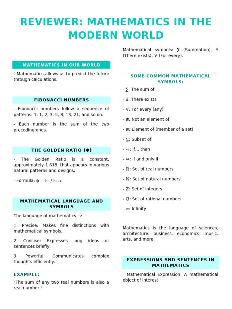REVIEWER (Mathematics in the Modern World) | PDF | Vertex (Graph Theory) | Numbers