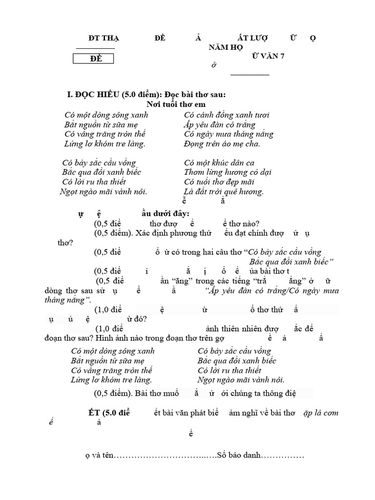 De Van 7 KTDG Giua Ki I Chinh Thuc | PDF