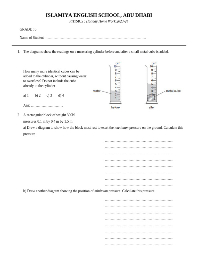 Physics Summer Holiday G8 HW 2023-24 | PDF | Density | Pressure