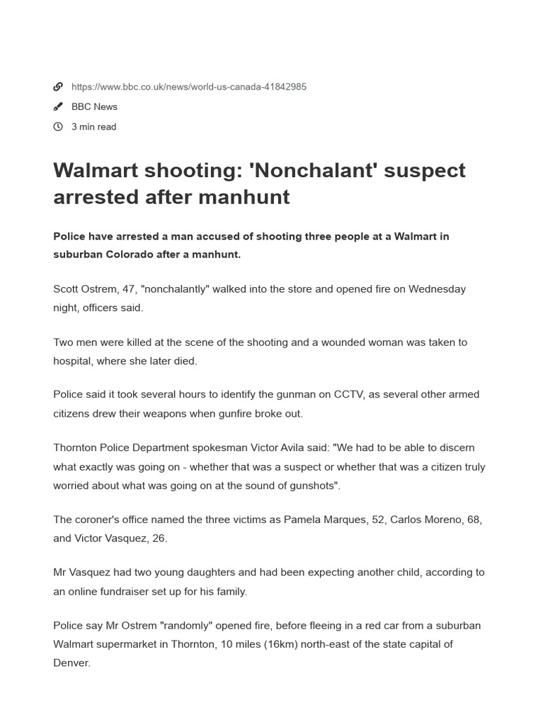 Walmart Shooting - 'Nonchalant' Suspect Arrested After Manhunt - BBC News | PDF | Violence | Crimes