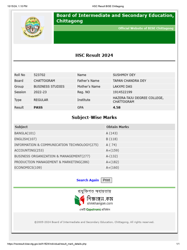HSC Result BISE Chittagong | PDF | Bangladesh | Secondary Education
