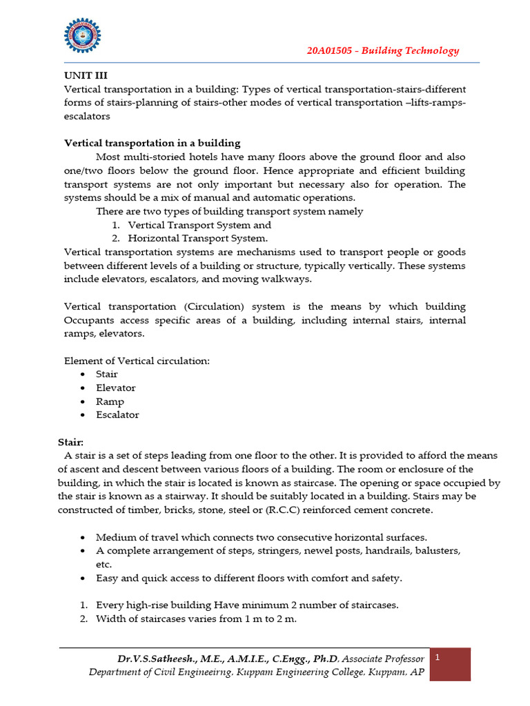 UNIT 3 Notes Building technology | PDF | Elevator | Stairs