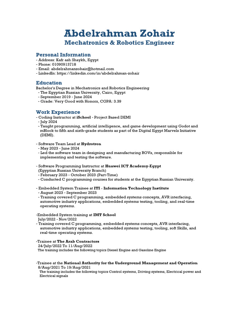 Mechatronics Engineer Resume Overview | PDF | Computing | Computer ...