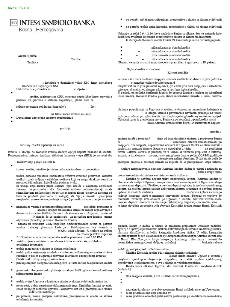 Informativni - List - Nenamjenski Kredit Bez Police Osiguranja | PDF