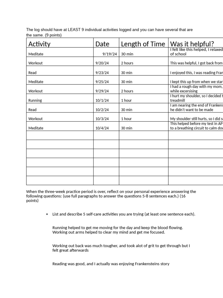 Student Self-Care Log | PDF | Meditation | Emotions