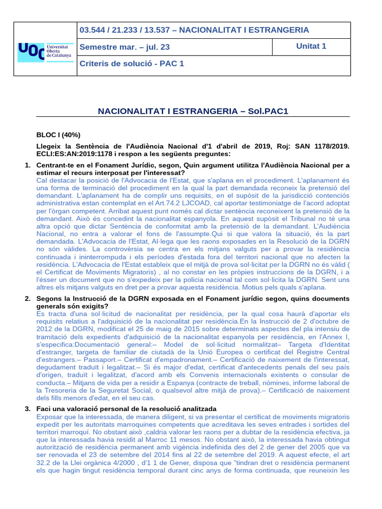 Sol. PAC1 - Nacionalitat I Estrengeria | PDF