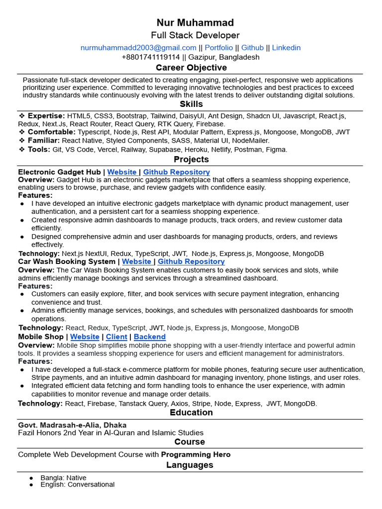 Nur Muhammad-Full Stack Developer | PDF | Software Development | Information Technology