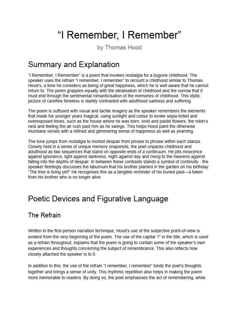 AC Notes - I Remember I Remember | PDF | Poetry | Metre (Poetry)