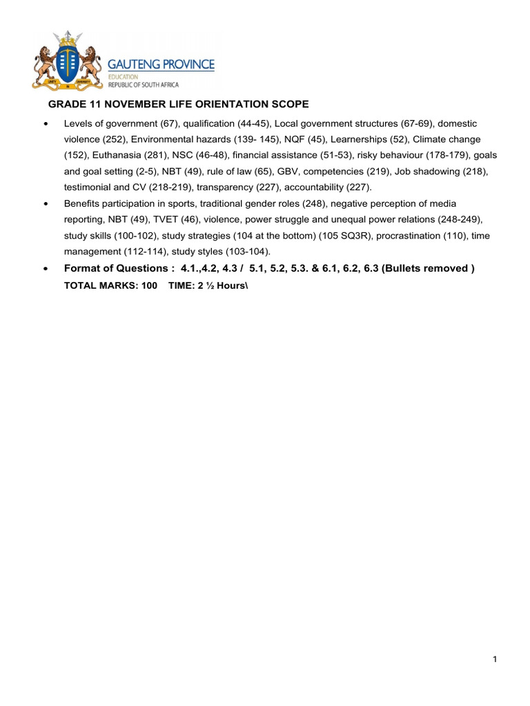 Grade 11 Life Orientation Exam Scope | PDF