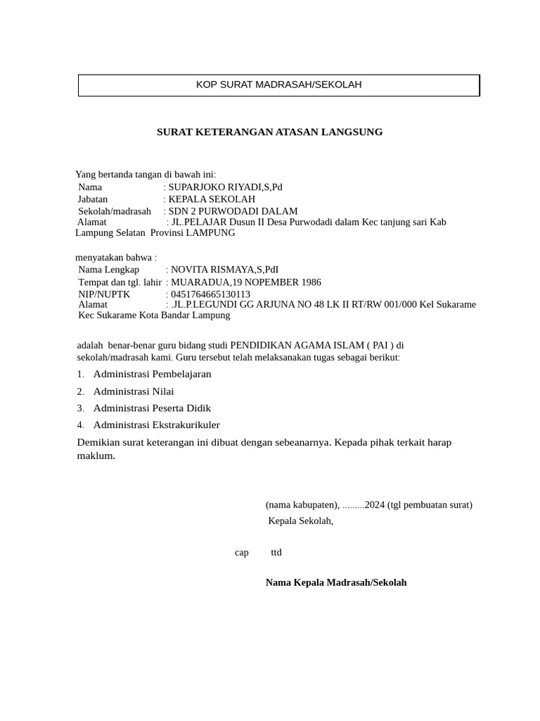 Surat Keterangan Kepsek | PDF