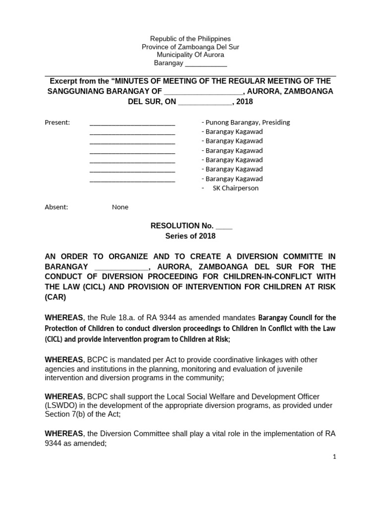 1.-RESOLUTION-Creation-of-Diversion-Committee_aurora | PDF | Justice | Crime & Violence