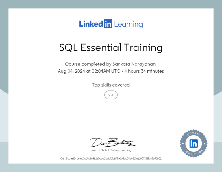 CertificateOfCompletion - SQL Essential Training | PDF