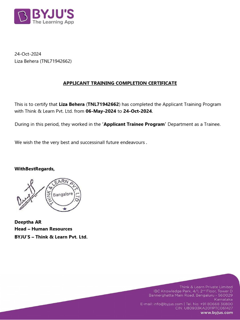 Applicant Training Certificate 2024 | PDF