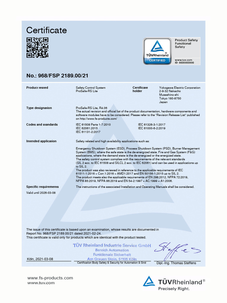 Certificate Yokogawa PLC Prosafe Lite | PDF