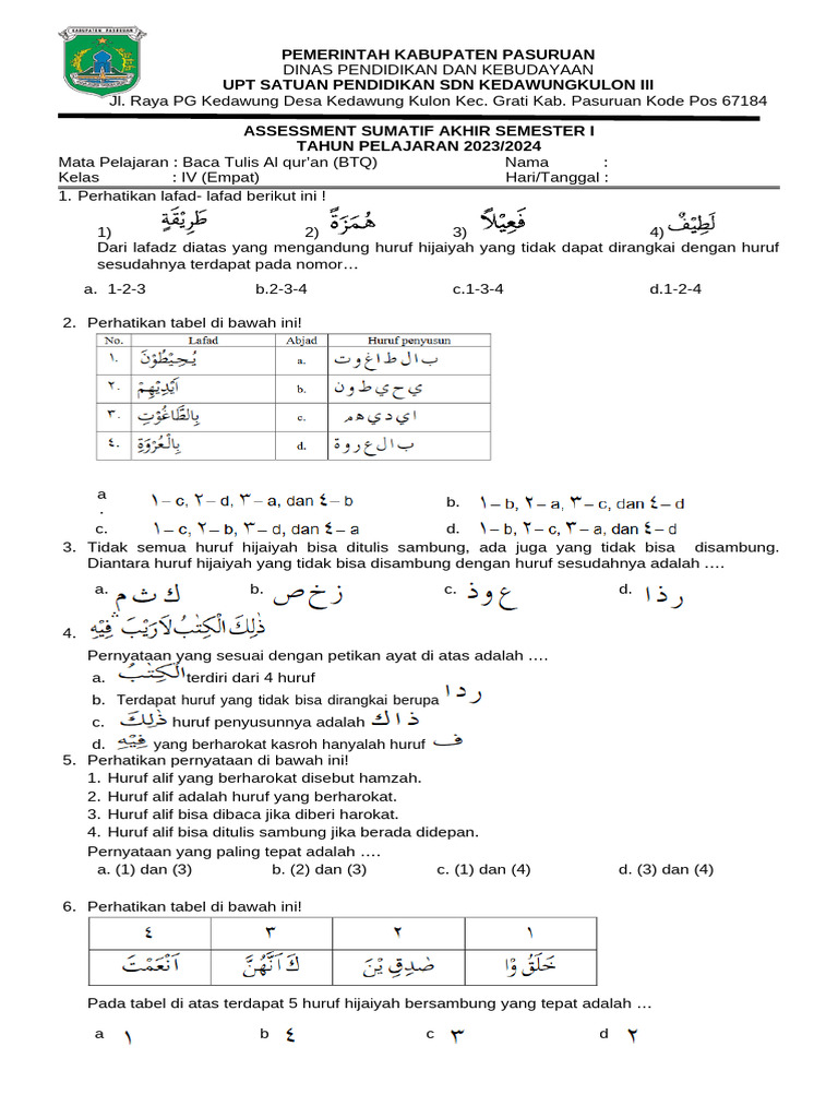 Soal Asas I BTQ Kelas 4 2023-2024 | PDF | Kajian Bahasa Asing