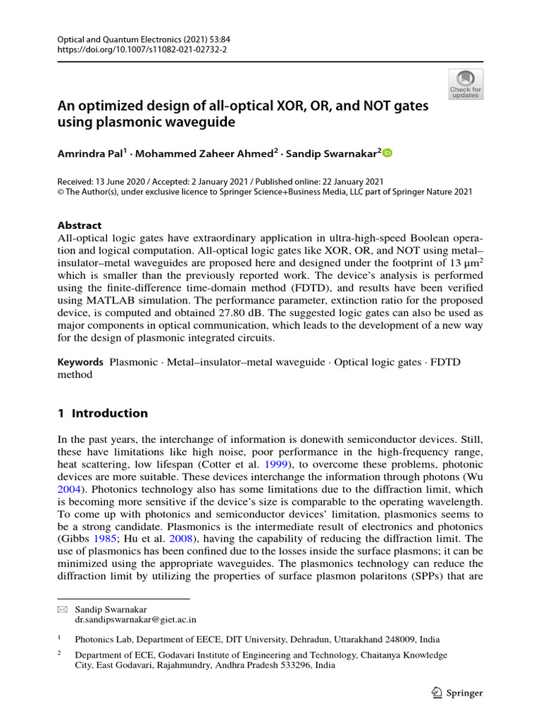 An Optimized Design of All-Optical XOR, Or, and NOT Gates Using ...