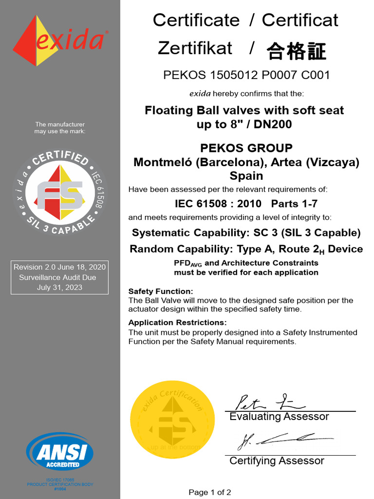 PEKOS Group SIL 3 Valve Certification | PDF | Systems Engineering | Safety